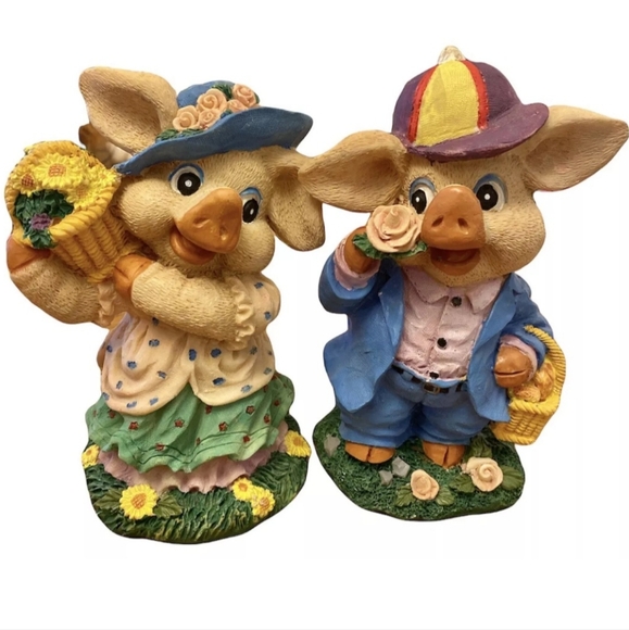 Accents | Vintage 9s Set Of 2 Resin Boy Girl Pigs With Baskets Flowers ...